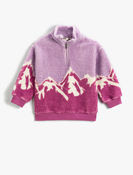 Koton Kız Çocuk Dağ Baskılı Yarım Balıkçı Yaka Peluş Sweatshirt