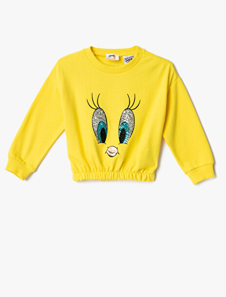Koton Kız Çocuk Tweety Lisanslı Baskılı Sweatshirt Beli Büzgülü Pamuklu