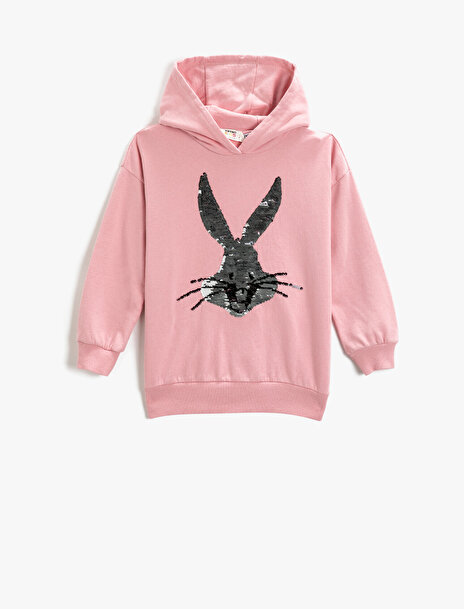 Koton Kız Çocuk Bugs Bunny Lisanslı Pullu Kapüşonlu Sweatshirt Pamuklu