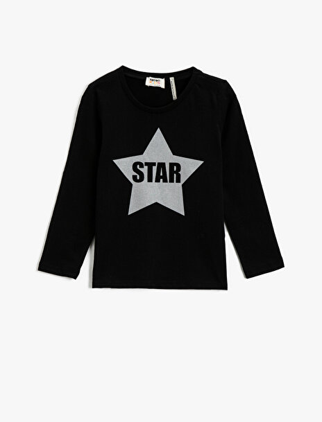 Koton Kız Çocuk Yıldız Baskılı Tişört Bisiklet Yaka Pamuklu Uzun Kollu