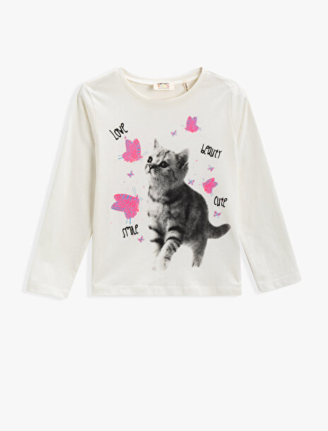 Koton Kız Çocuk Kedi Baskılı Tişört Pamuklu Bisiklet Yaka Uzun Kollu
