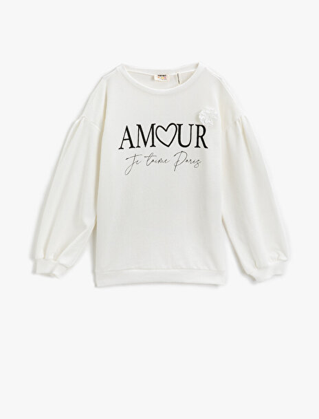 Koton Kız Çocuk Baskılı Pamuklu Sweatshirt Düşük Omuzlu