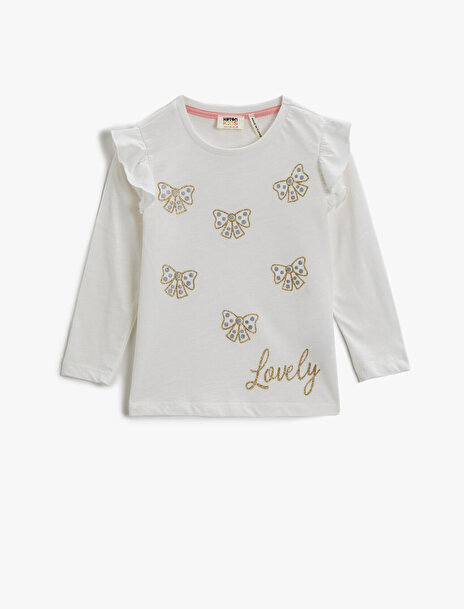Koton Kız Çocuk Uzun Kollu Tişört Simli Baskılı Pamuklu
