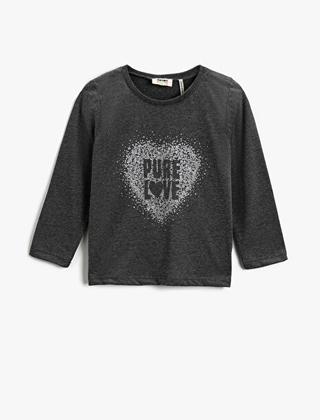 Koton Kız Çocuk Kalp Baskılı Uzun Kollu Tişört Bisiklet Yaka