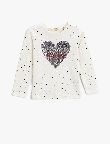 Koton Kız Çocuk Kalp İşlemeli Puantiyeli Tişört Pamuklu Uzun Kollu