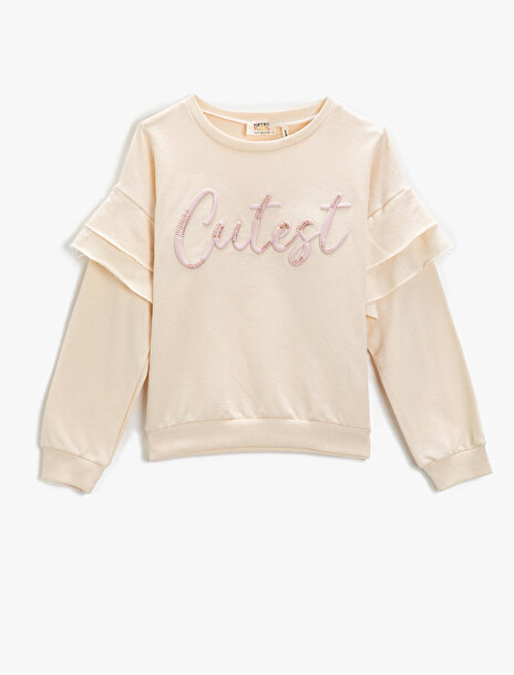 Koton Kız Çocuk Yazı İşlemeli Sweatshirt Bisiklet Yaka Pamuklu