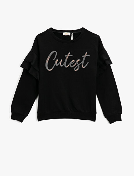 Koton Kız Çocuk Yazı İşlemeli Sweatshirt Bisiklet Yaka Pamuklu