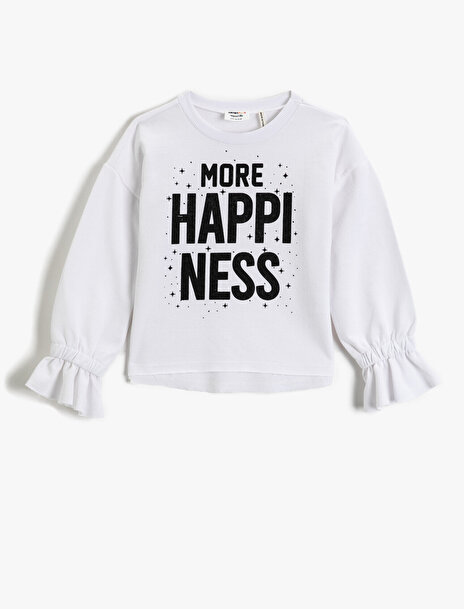 Koton Kız Çocuk Yazı Baskılı Sweatshirt Bisiklet Yaka Bileği Fırfırlı