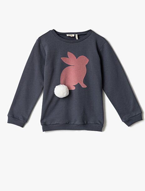 Koton Kız Çocuk Tavşan Baskılı Ponponlu Uzun Kollu Sweatshirt Pamuklu