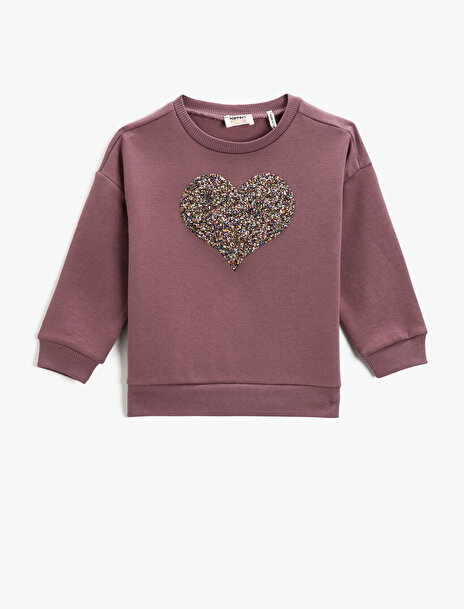 Koton Kız Çocuk Kalp İşlemeli Sweatshirt Uzun Kollu Pamuklu