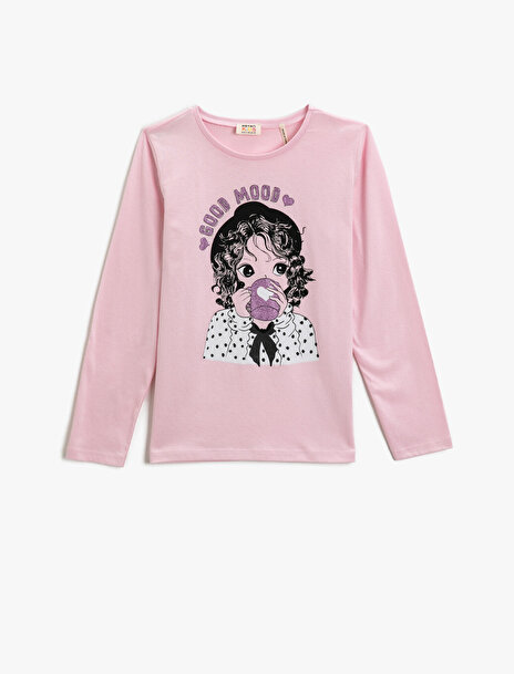 Koton Kız Çocuk Baskılı Tişört Uzun Kollu Simli