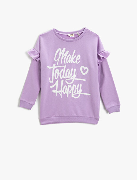 Koton Kız Çocuk Baskılı Pamuklu Sweatshirt Kolları Fırfırlı Bisiklet Yaka