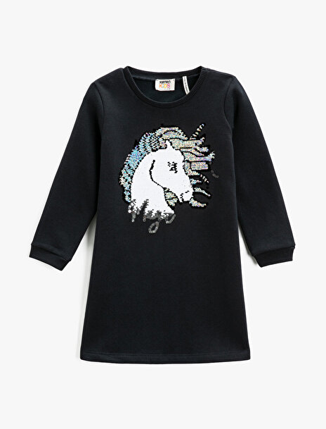 Koton Kız Çocuk Unicorn Baskılı Elbise Uzun Kollu Bisiklet Yaka Pamuklu