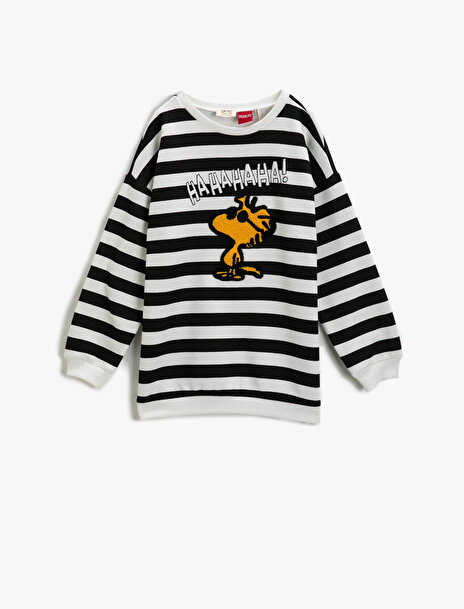 Koton Kız Çocuk Snoopy Lisanslı Baskılı Çizgili Bisiklet Yaka Sweatshirt
