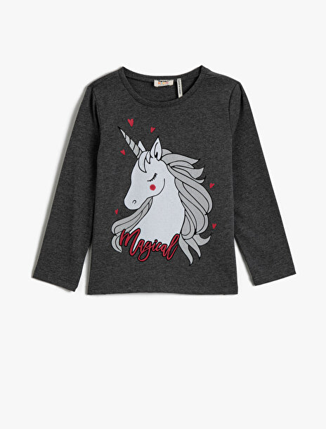 Koton Kız Çocuk Unicorn Baskılı Uzun Kollu Tişört