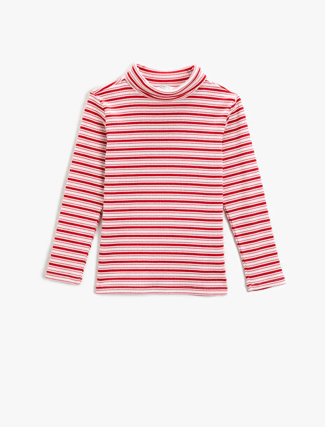 Koton Kız Çocuk Çizgili Yarım Balıkçı Yaka Tişört Uzun Kollu Pamuklu