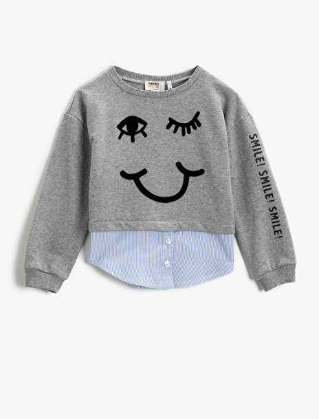Koton Kız Çocuk Uzun Kollu Bisiklet Yaka Gömlek Detaylı Gülen Yüz Baskılı Sweatshirt