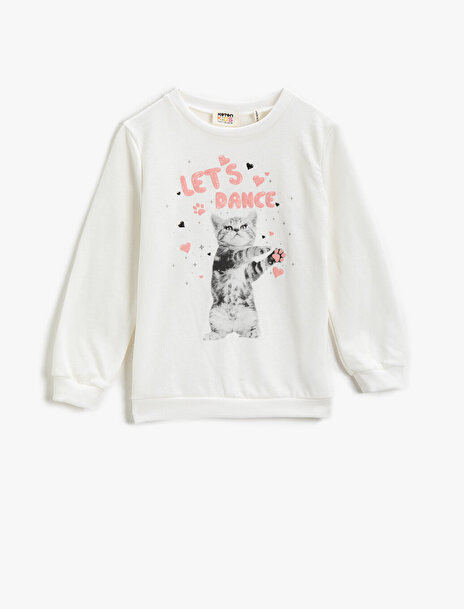 Koton Kız Çocuk Kedi Baskılı Sweatshirt Pamuklu Bisiklet Yaka