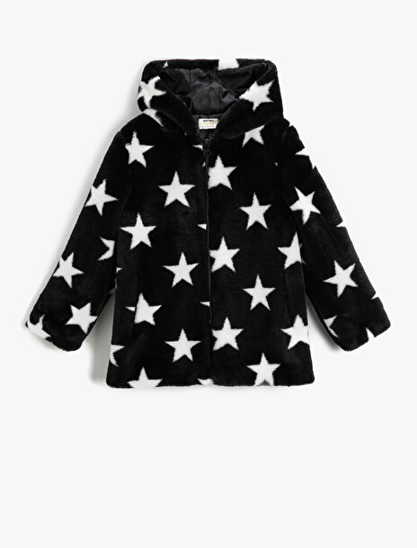 Koton Kız Çocuk Yıldız Baskılı Peluş Kapşonlu Mont