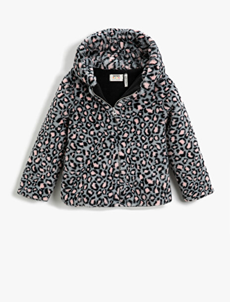 Koton Kız Çocuk Suni Kürklü Leopar Desenli Kapüşonlu Mont