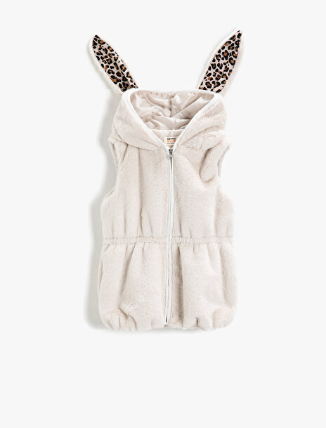 Koton Kız Çocuk Suni Kürk Kapüşonlu Yelek Leopar Desenli Kedi Kulaklı