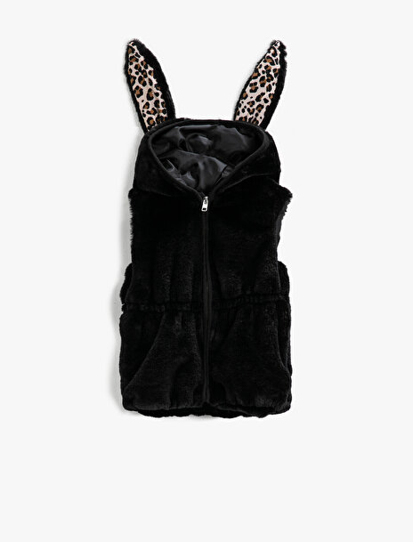 Koton Kız Çocuk Suni Kürk Kapüşonlu Yelek Leopar Desenli Kedi Kulaklı