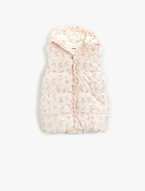 Koton Kız Çocuk Çiçekli Kapüşonlu Şişme Yelek Fermuarlı