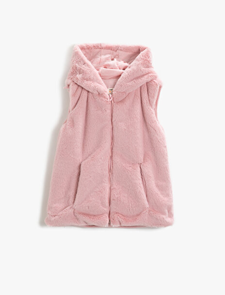 Koton Kız Çocuk Kapşonlu Suni Kürk Yelek Fermuarlı Kolsuz