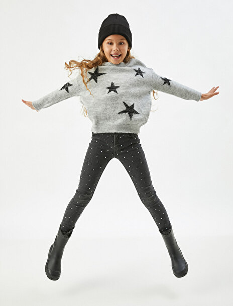 Koton Kız Çocuk Minik Pul Baskılı Düğmeli Cepli Kot Tayt