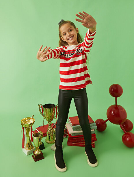 Koton Kız Çocuk Beli Lastikli Deri Görünümlü Düz Tayt