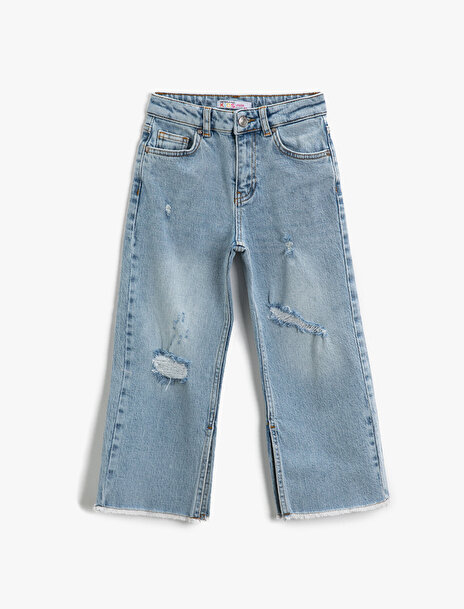 Koton Kız Çocuk Destroylu Bol Paça Kot Pantolon Pamuklu