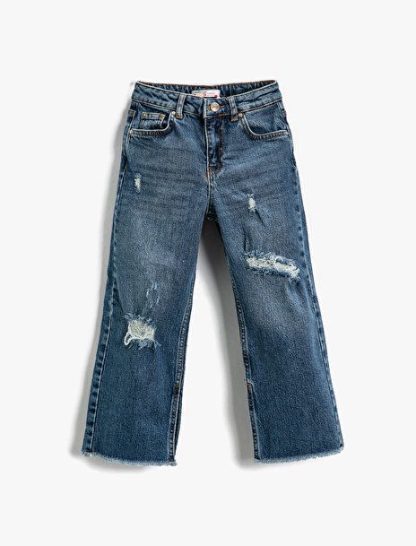 Koton Kız Çocuk Destroylu Bol Paça Kot Pantolon Pamuklu