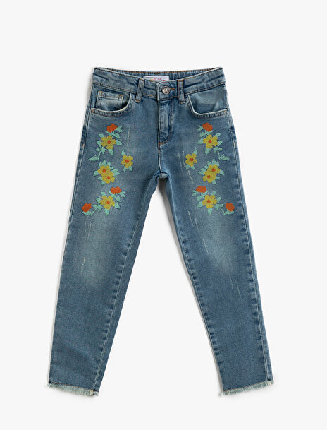 Koton Kız Çocuk Çiçek İşlemeli Jean Tayt Cepli
