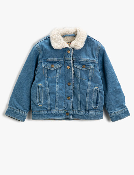 Koton Kız Çocuk Yakası Peluş Kot Ceket Pamuklu