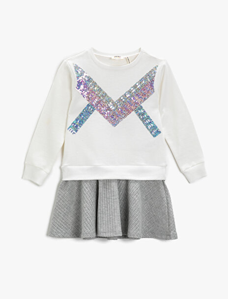 Koton Kız Çocuk Pul İşlemeli Sweat Elbise Uzun Kollu Pamuklu