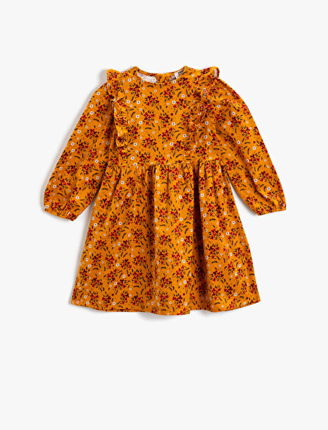 Koton Kız Çocuk Çiçek Desenli Fırfırlı Elbise Uzun Kollu Pamuklu