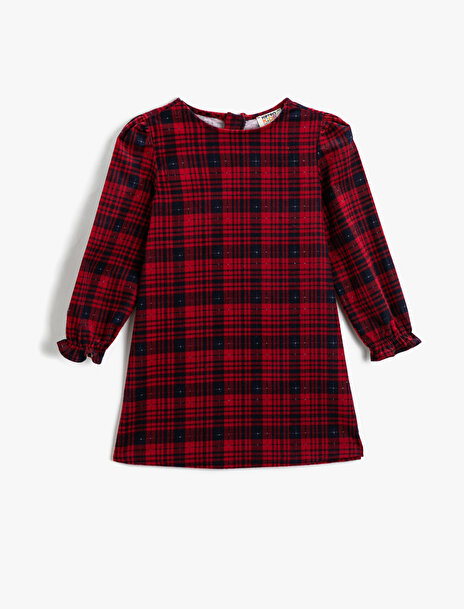 Koton Kız Çocuk Ekose Uzun Kollu Elbise Pamuklu Kolları Büzgülü