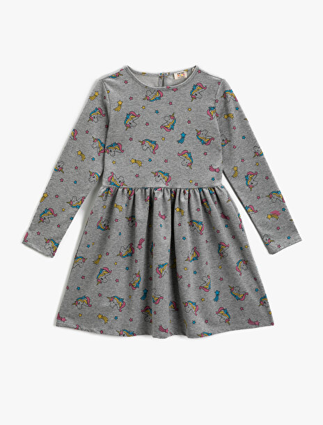 Koton Kız Çocuk Unicorn Baskılı Bisiklet Yaka Elbise Uzun Kollu