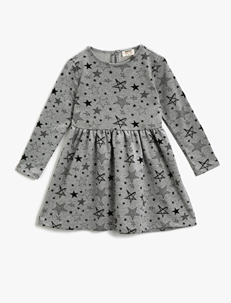 Koton Kız Çocuk Yıldız Baskılı Elbise Uzun Kollu Bisiklet Yaka