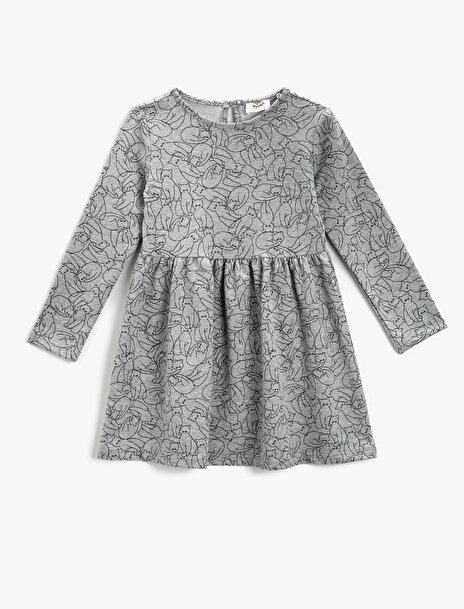 Koton Kız Çocuk Kedi Baskılı Elbise Uzun Kollu Bisiklet Yaka