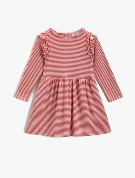 Koton Kız Çocuk Kolu Fırfırlı Bisiklet Yaka Çizgili Uzun Kollu Elbise