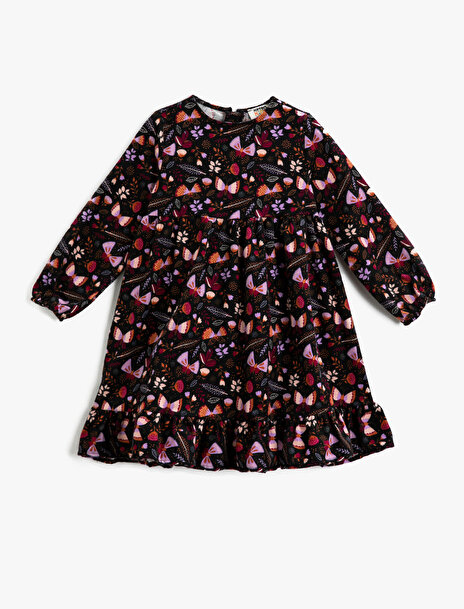 Koton Kız Çocuk Baskılı Fırfırlı Uzun Kollu Elbise Pamuklu