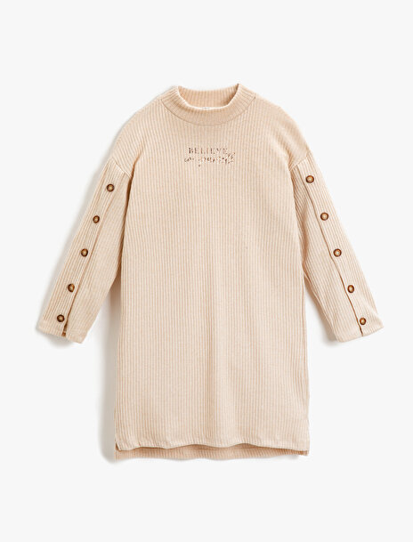 Koton Kız Çocuk Triko Görünümlü Baskılı Elbise Yarım Balıkçı Yaka