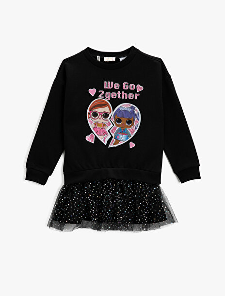 Koton Kız Çocuk Lol Lisanslı Tütülü Elbise Baskılı Taşlı Uzun Kollu