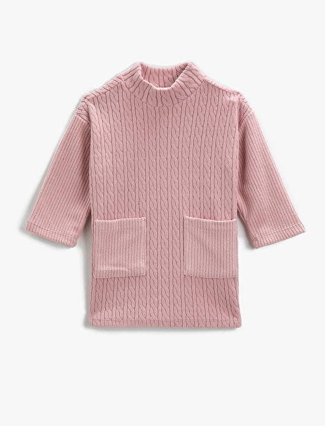 Koton Kız Çocuk Boğazlı Örme Elbise Çift Cepli Dokulu