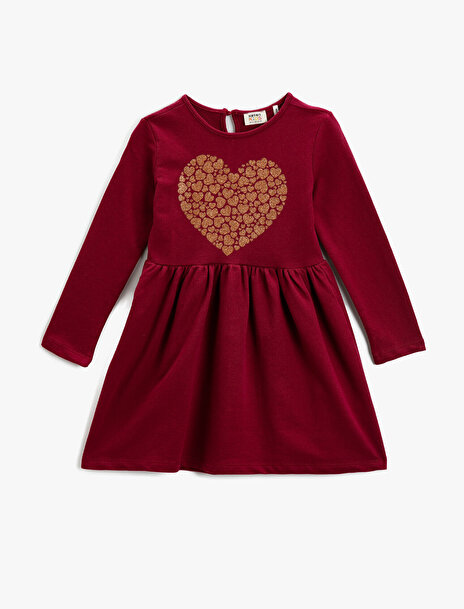Koton Kız Çocuk Kalp Baskılı Uzun Kollu Elbise Pamuklu