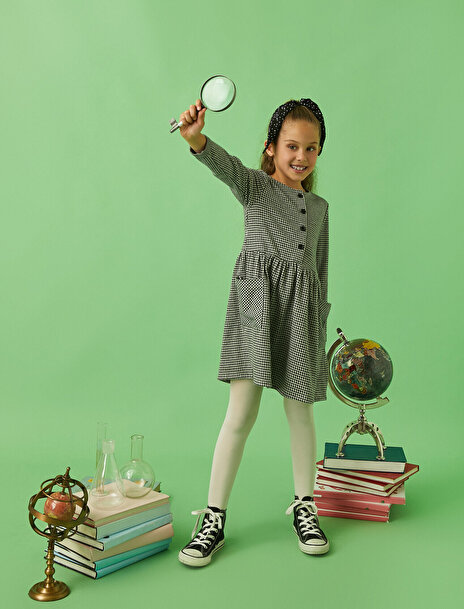 Koton Kız Çocuk Uzun Kollu Cep Detaylı Düğmeli Ekoseli Elbise Kız Çocuk