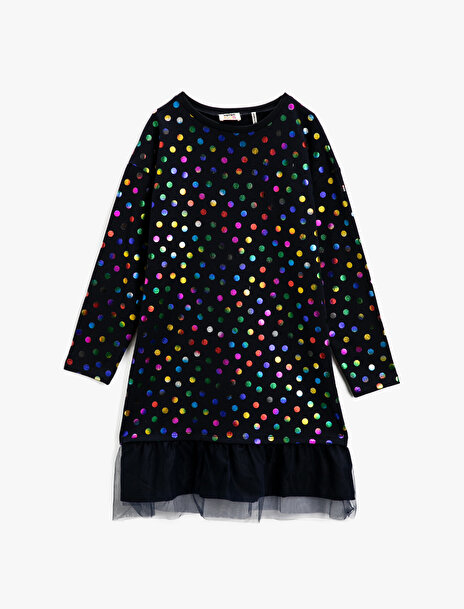 Koton Kız Çocuk Renkli Puantiyeli Elbise Uzun Kollu Tüllü Bisiklet Yaka Pamuklu