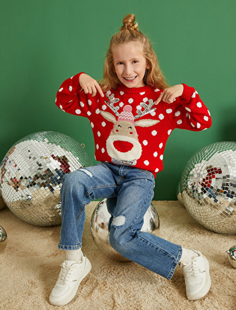 Koton Kız Çocuk Yılbaşı Temalı Triko Kazak Payetli Uzun Kollu