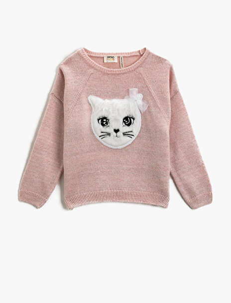 Koton Kız Çocuk Kedi Baskılı Kazak Bisiklet Yaka Uzun Kollu